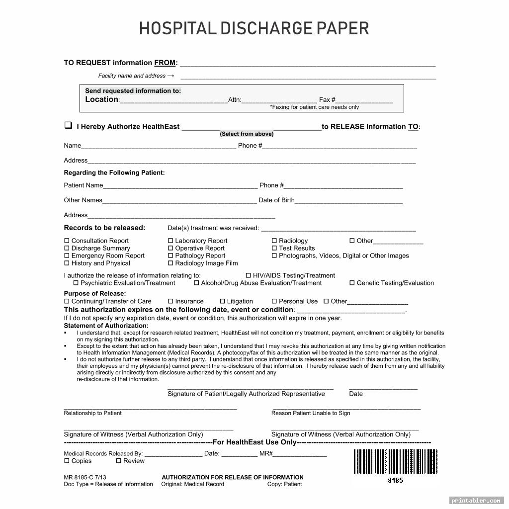 Printable Fillable Real Hospital Discharge Papers Printable Templates